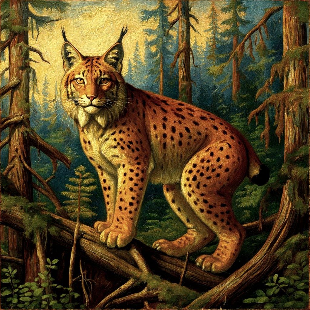Canadian lynx in an old growth boreal forest, correct legs, by pino daeni, hyperdetailed, oil ...