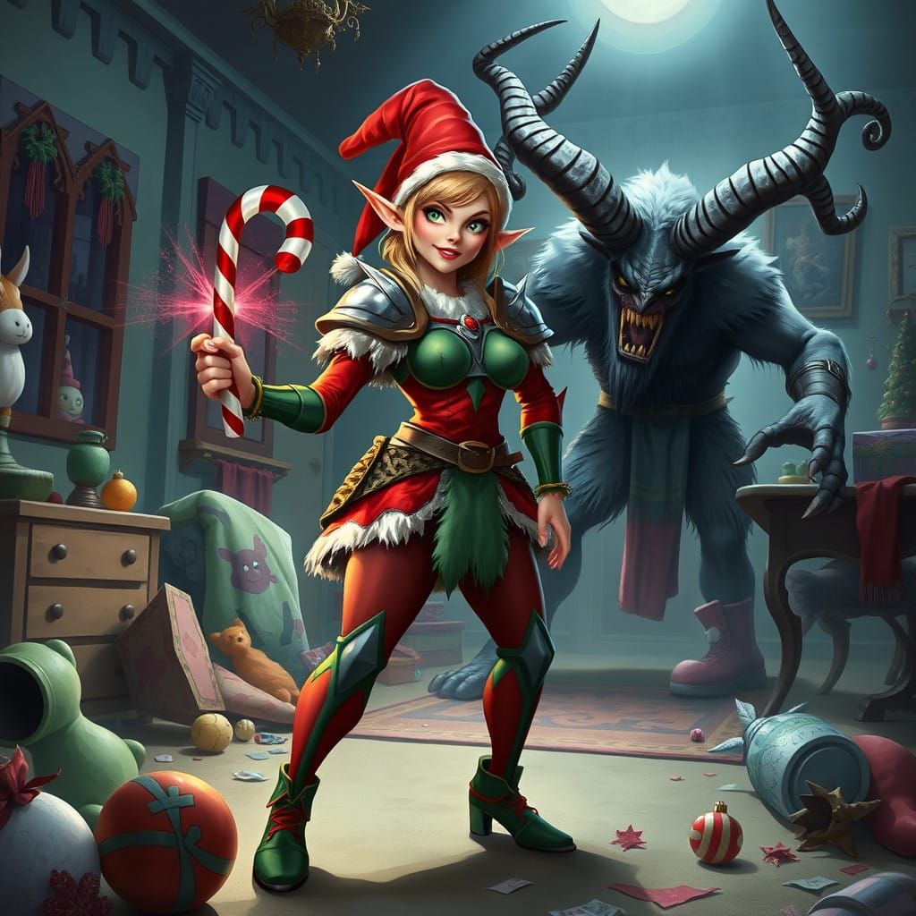 Fierce Female Elf Defies Krampus in Dark Festive B... - AI Art
