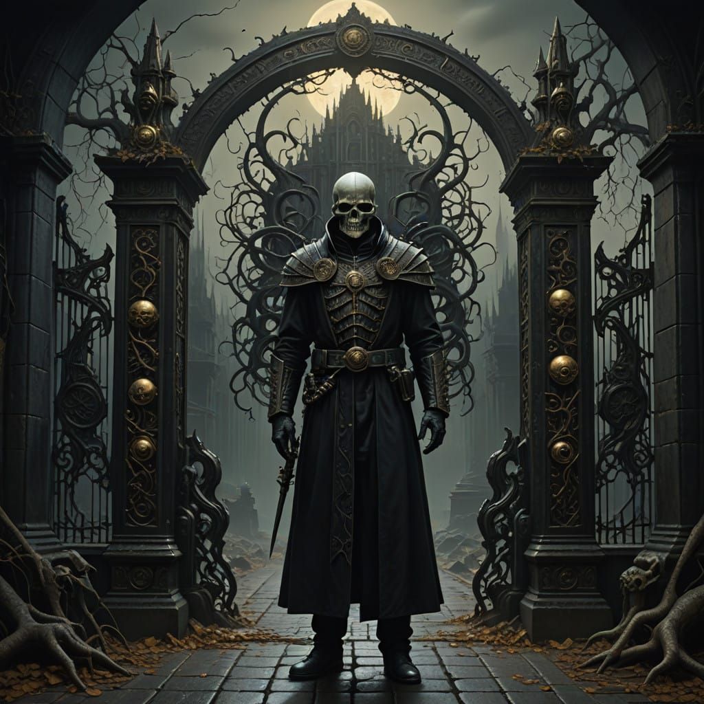 Regal Undead Doorman Guards Mysterious Iron Gate - AI Art