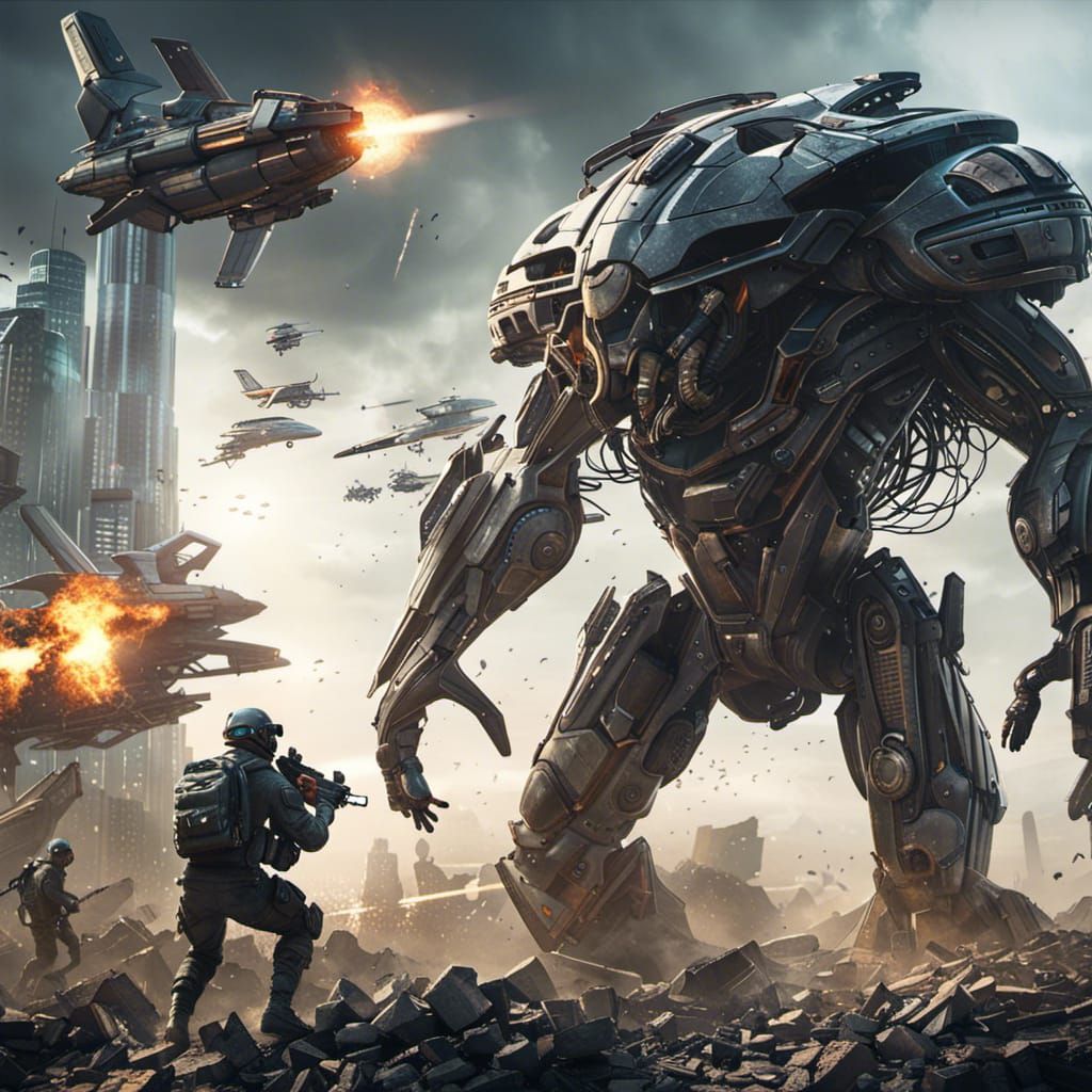 soldier fighting aliens destroyed future city and flying future ...