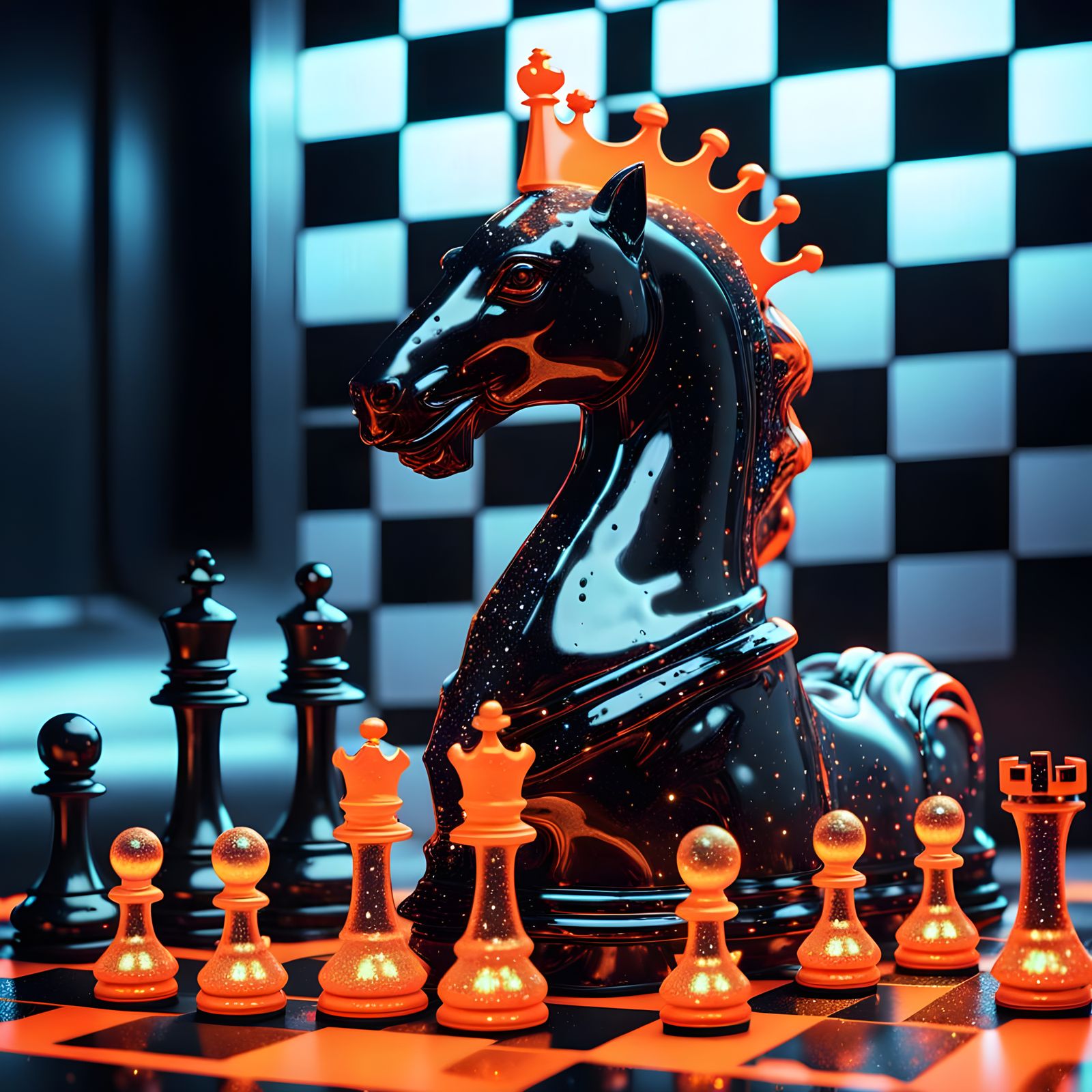 And Now We Chess - Neon Rook in Vibrant Fluid Art