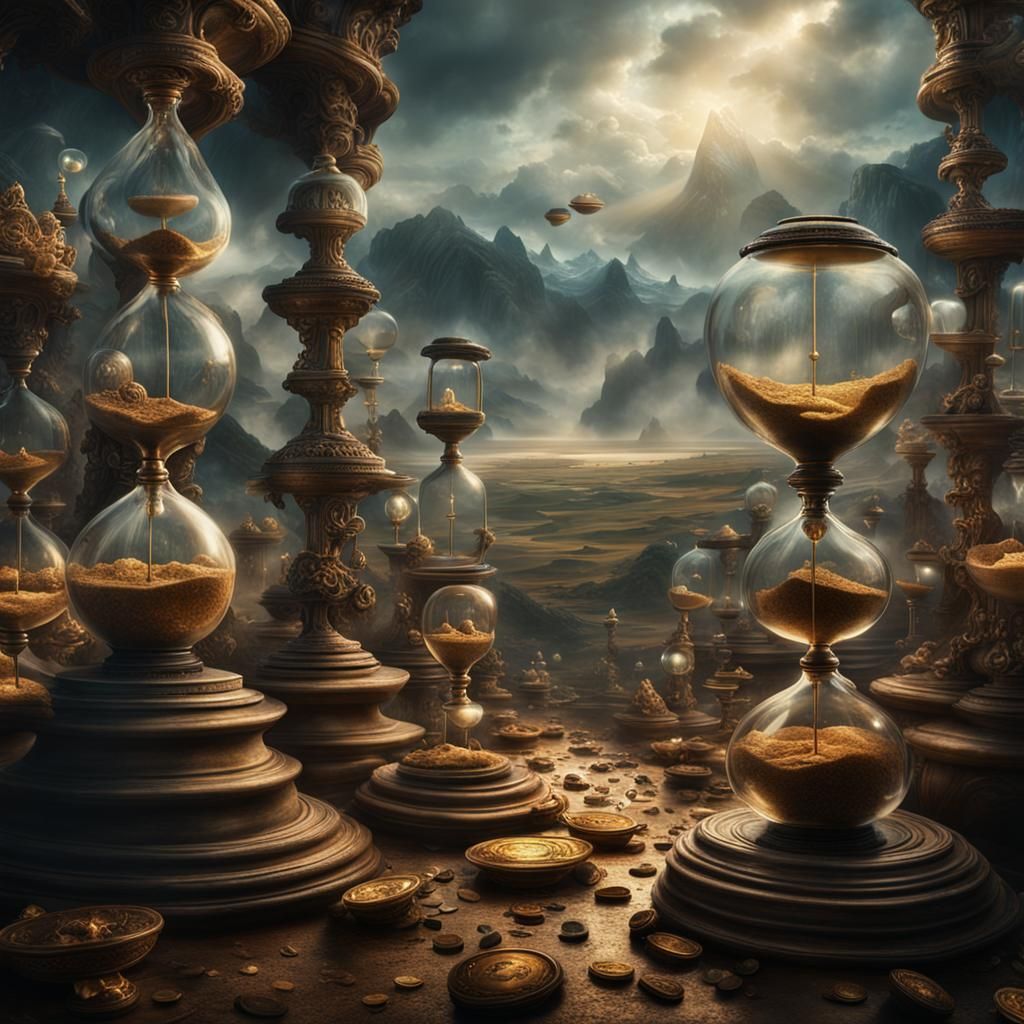 Immersive scenes where hourglasses serve as powerful symbols of time's endless march, inviting ...