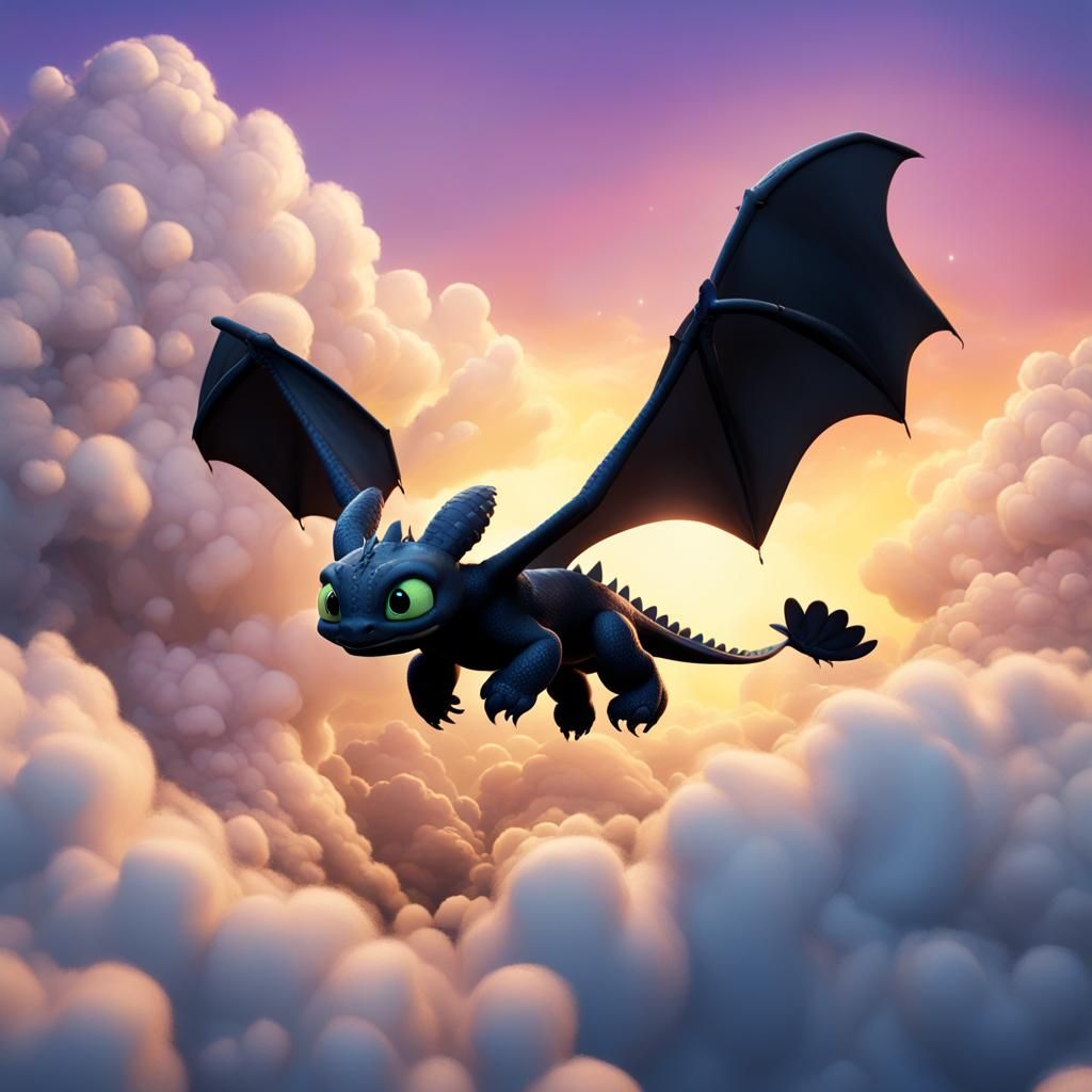 Toothless intricately meticulously hyper detailed flying in the clouds ...