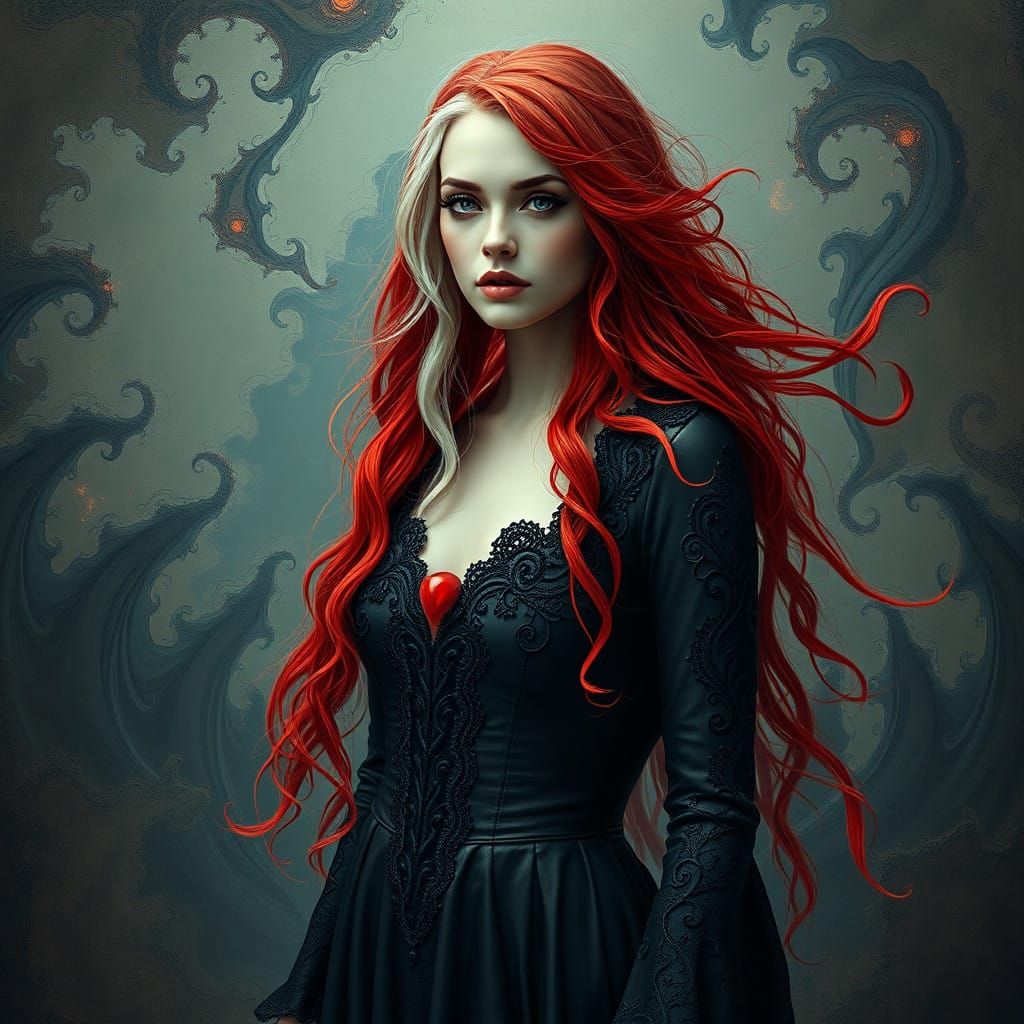 A statuesque, white-haired gothic woman, draped in a dark, lace-trimmed ...