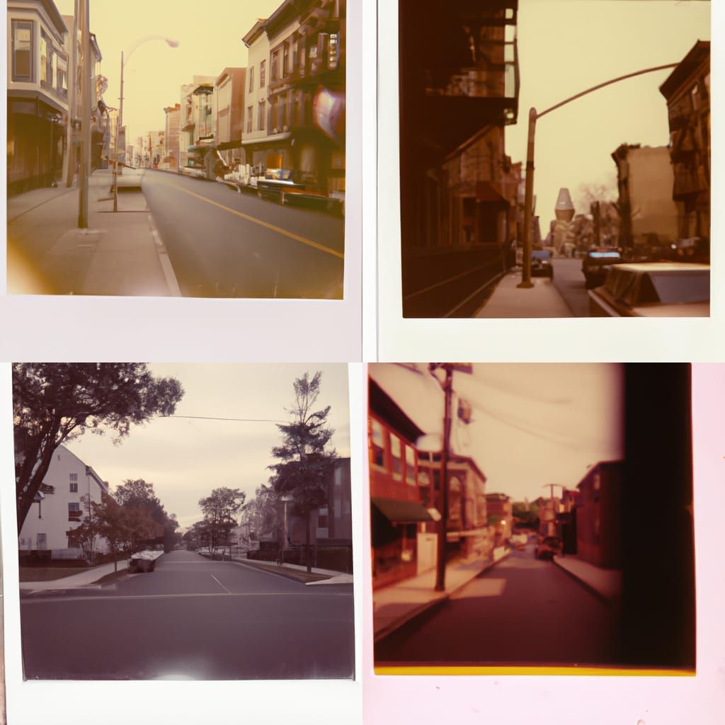 a 90s vintage polaroid photo of a suburban town street , blurry 1900s ...