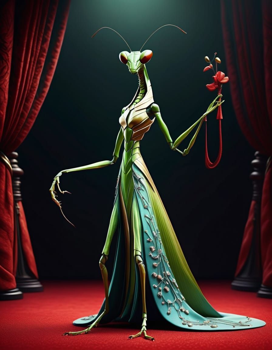 A high-fashion anthropomorphic praying mantis dressed in a designer ...