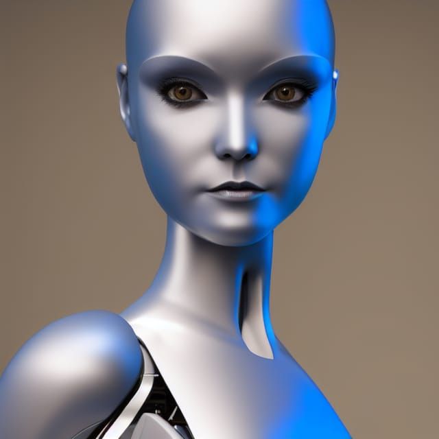 womanized humanoid robot made of steel, beautiful face, short blue hair ...