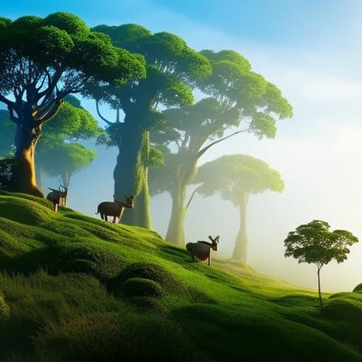 A large forest with a gigantic tree in its middle. Birds are flying ...