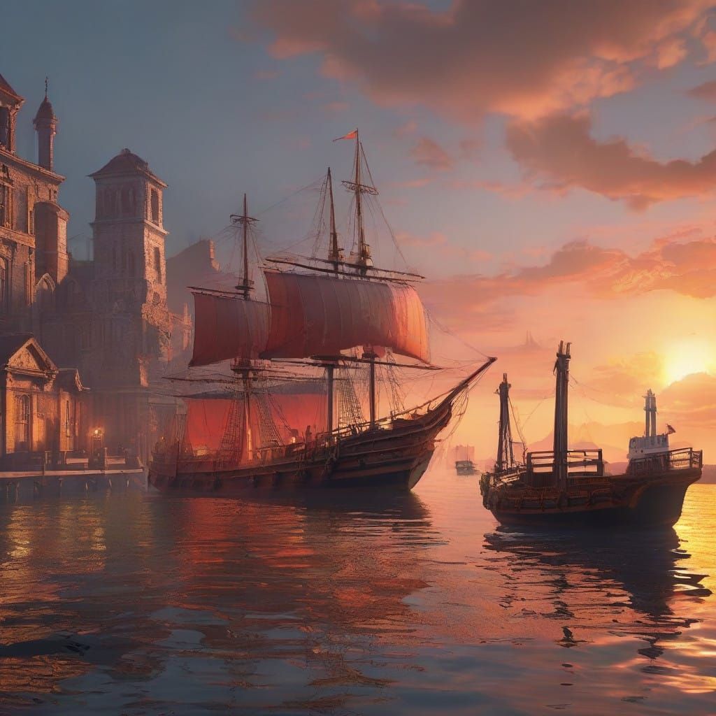 Harbor - Ethereal Fantasy Harbour at Sunset