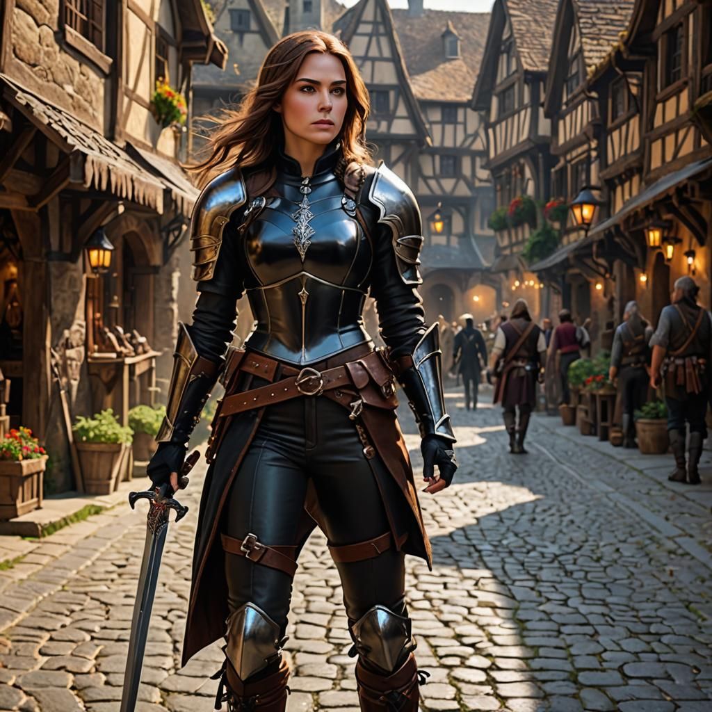 a beautiful female rogue in a short black leather armor walks along a fantasy town - AI ...