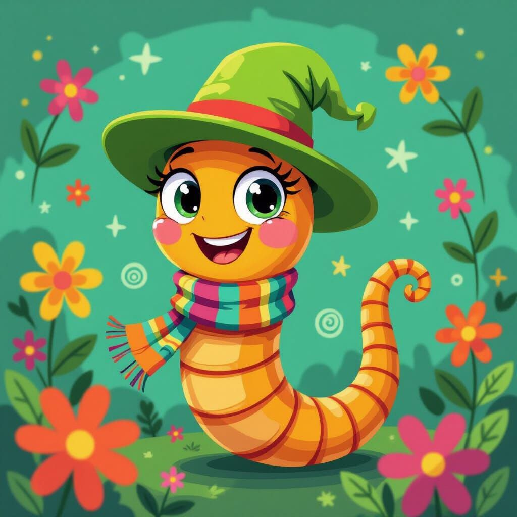 happy cartoon worm - Cartoon Worm with Hat and Scarf in Cart...