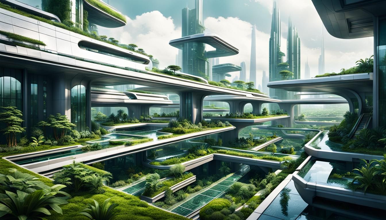 Rainy afternoon in a futuristic city, lush terraced gardens landscaping ...