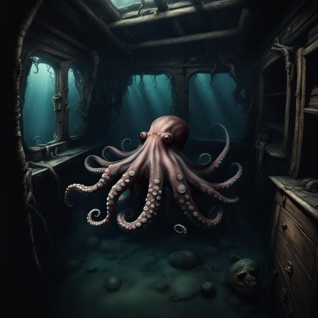 An Octopus in a Cabin of a Sunken Ship 5 - AI Generated Artwork ...