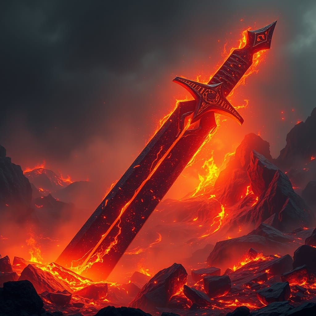 Elemental Swords: A massive sword, its blade appearing as molten lava encased in black obsidian ...