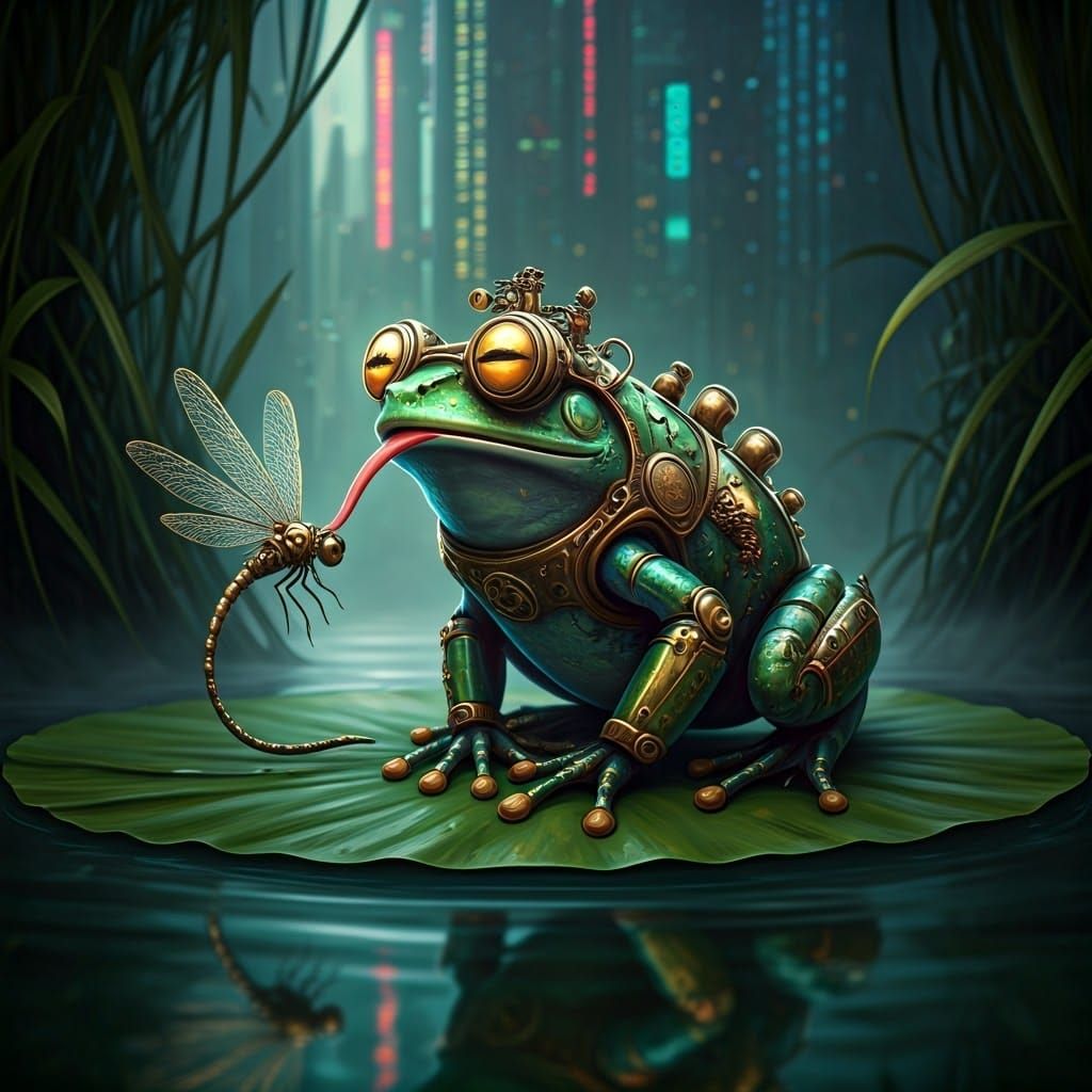 A majestic steampunk frog, - A majestic steampunk frog,