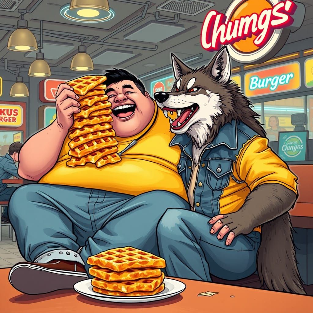 An extremely obese man and his Furry wolf partner eat huge stacks of ...