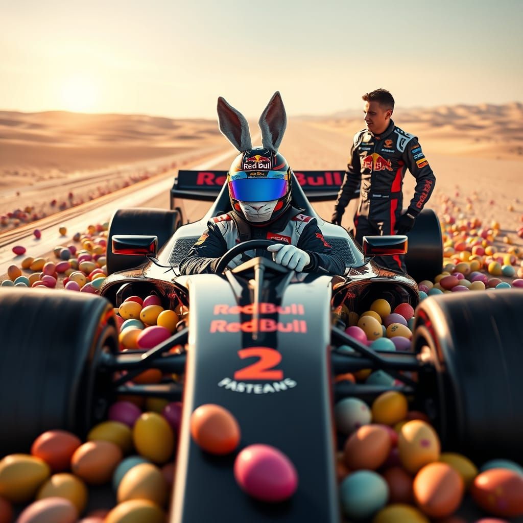 Easter Bunny in Red Bull F1 Car, Desert Racing Sce... - AI Art