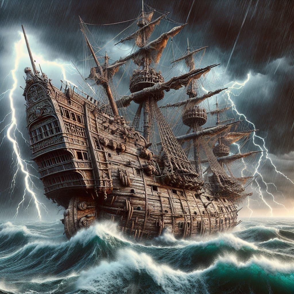 A decrepit pirate ship caught in a storm at sea, wind, lightning, waves ...