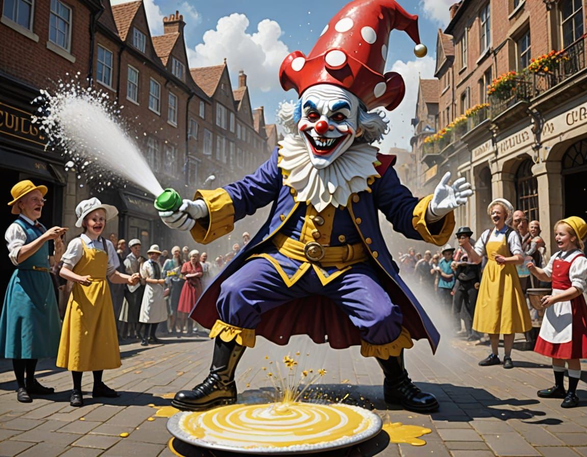 evil jester with a water cannon and a custard pie
