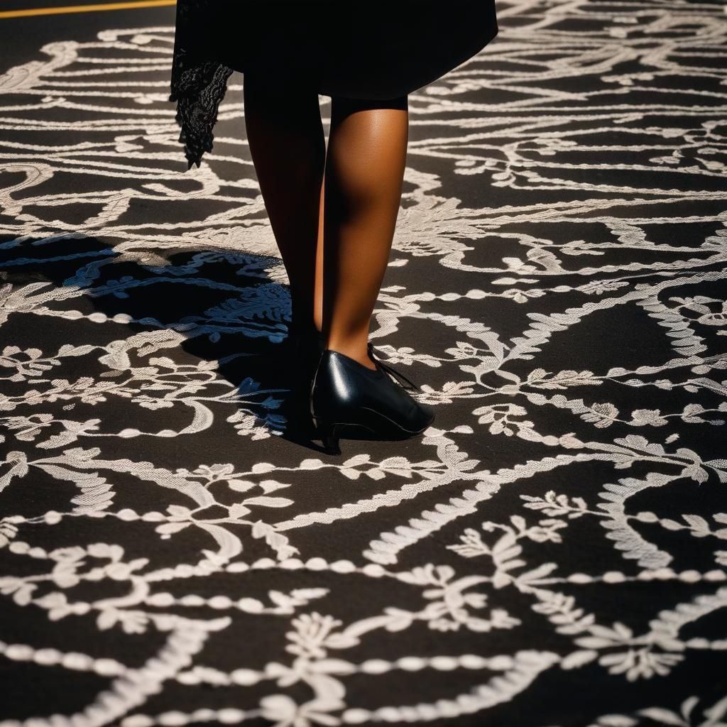 In the street, a woman seen from behind. Behind her feet a small lace ...