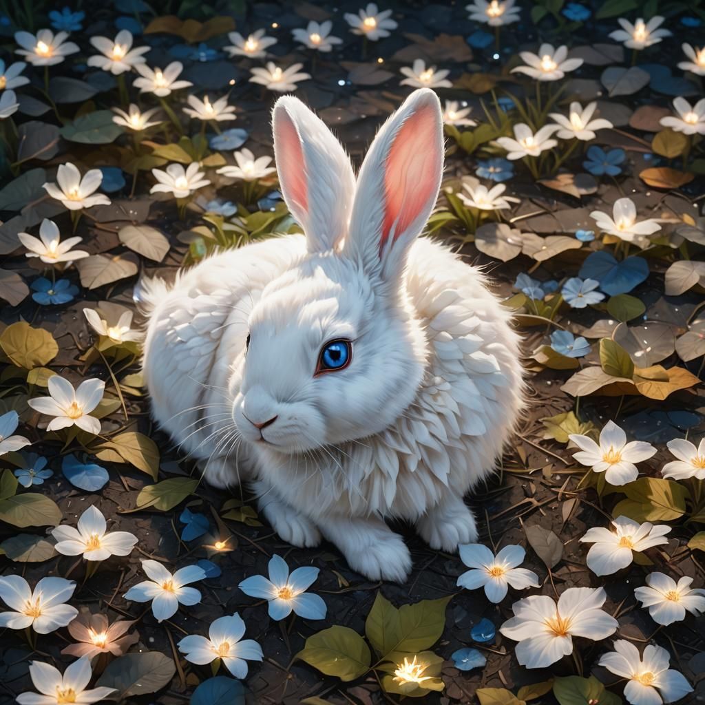 A hyper-realistic digital artwork of an adorable cute white rabbit ...