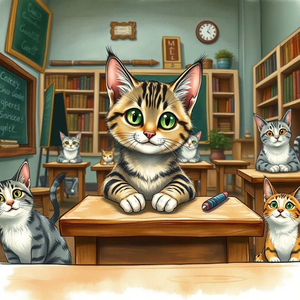 tabby cat at school - Whimsical Tabby Cat in Vintage Classro...