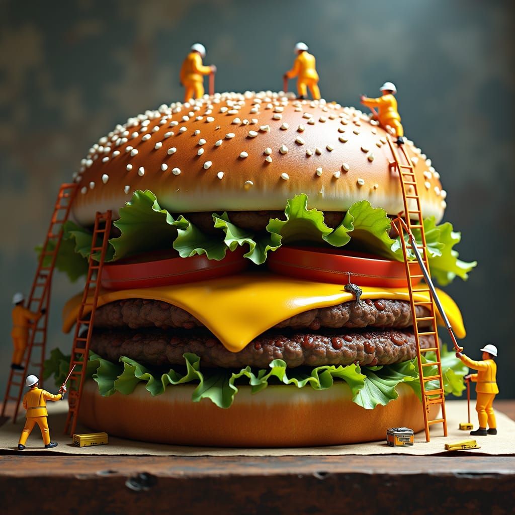 Hyper-Realistic Giant Big Mac with Tiny Workers - AI Art