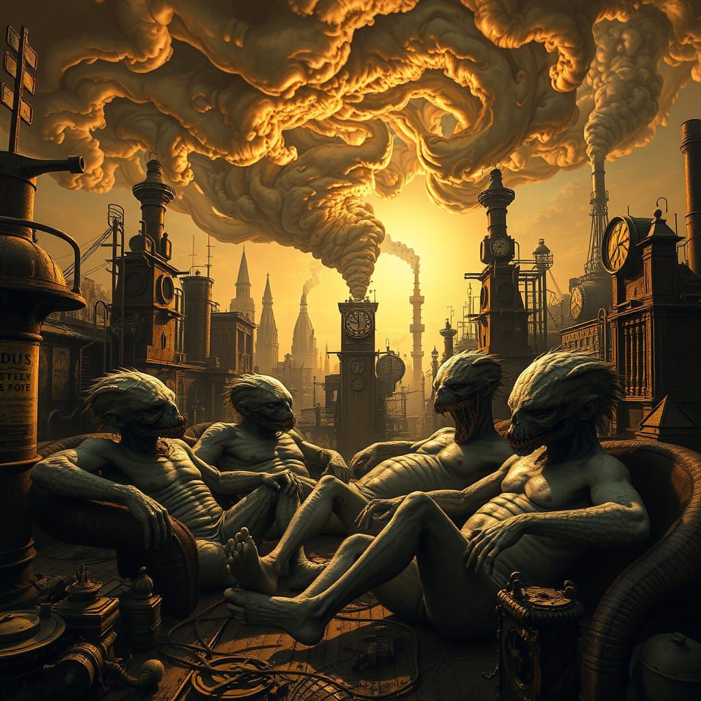 Monsters in a Decaying Steampunk Metropolis - AI Art