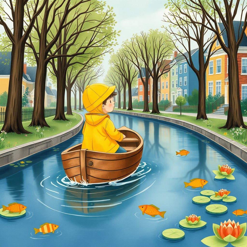 Charming Storybook Scene of Boy in Boat Floating D... - AI Art