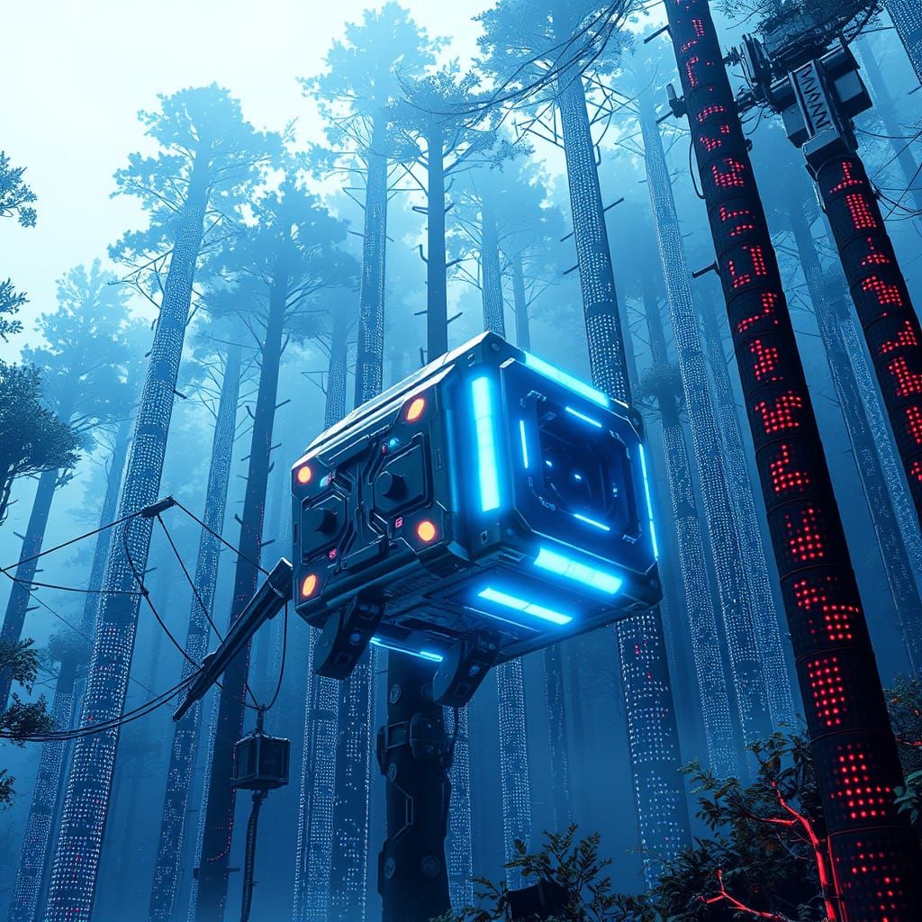 Cubed - Cyberpunk Metallic Cube Navigates Pixelated Forest