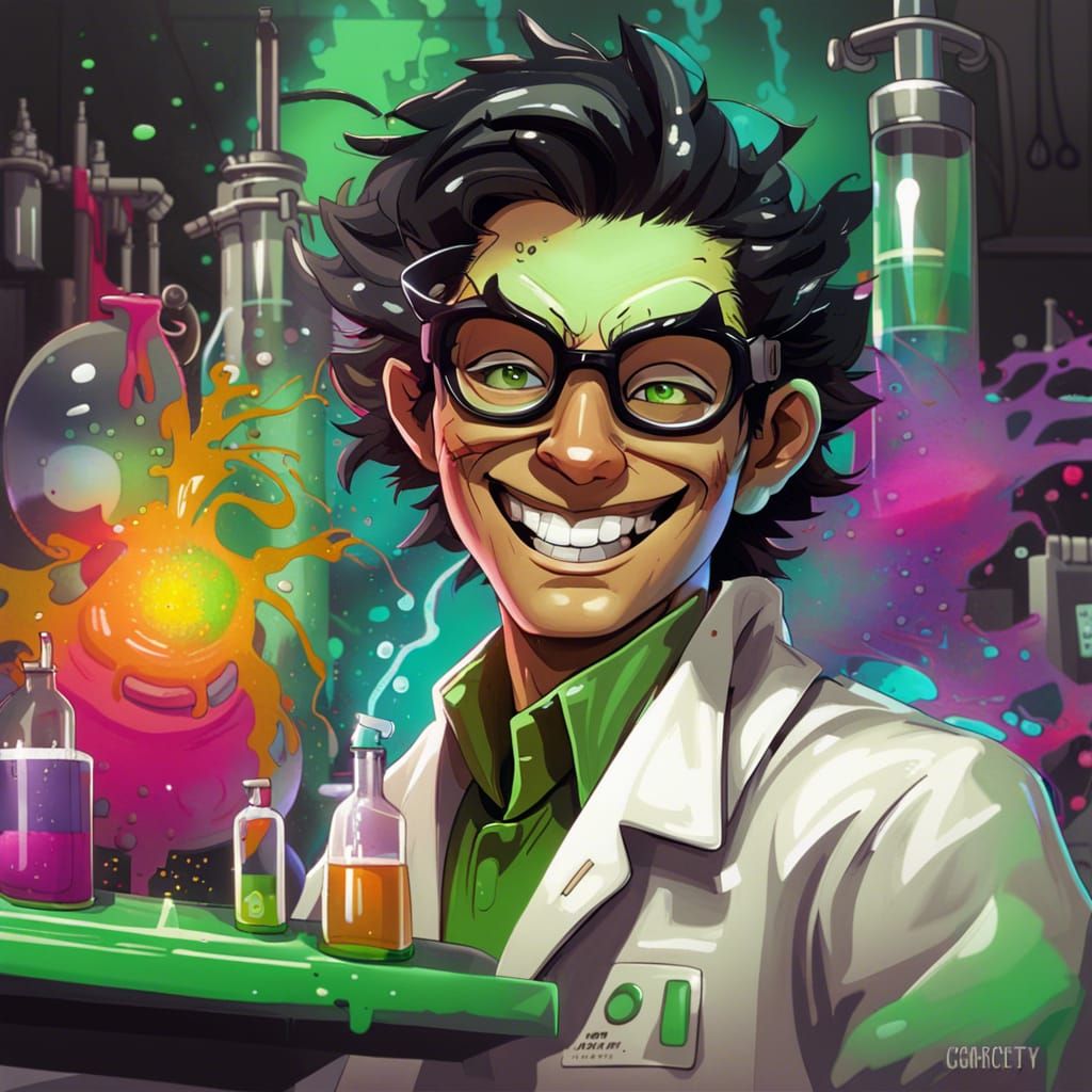 male mad scientist, black hair, lab coat, brown shirt, goggles with ...