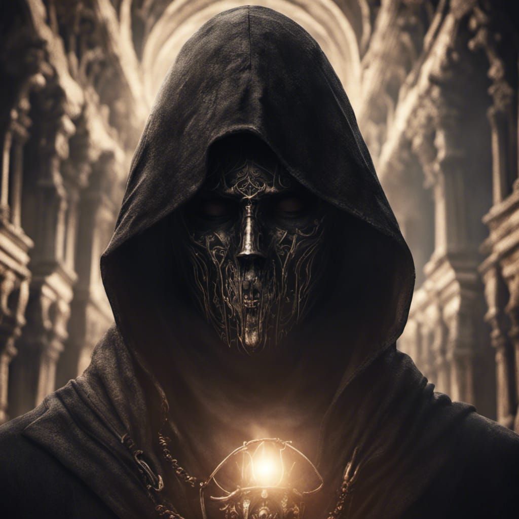 dark crypt, few light, man with black hood, half mask on mouth, close ...