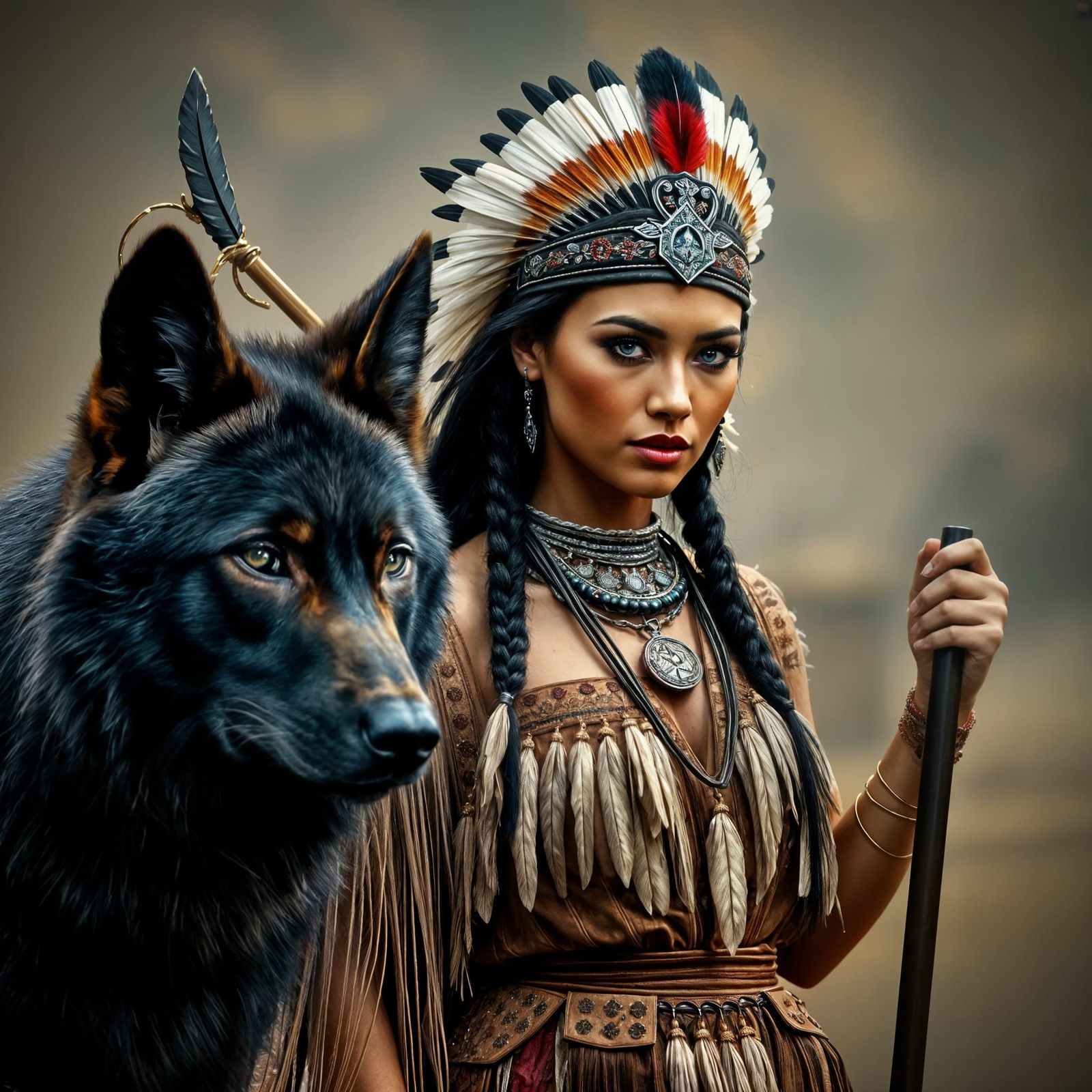 Native Woman and her Wolf - Native Woman and her Wolf