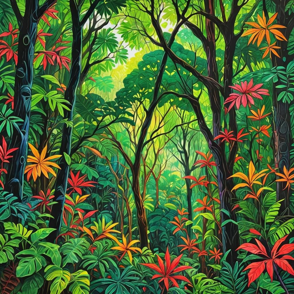 A vibrant rainforest canopy, teeming with life and bursting with color ...