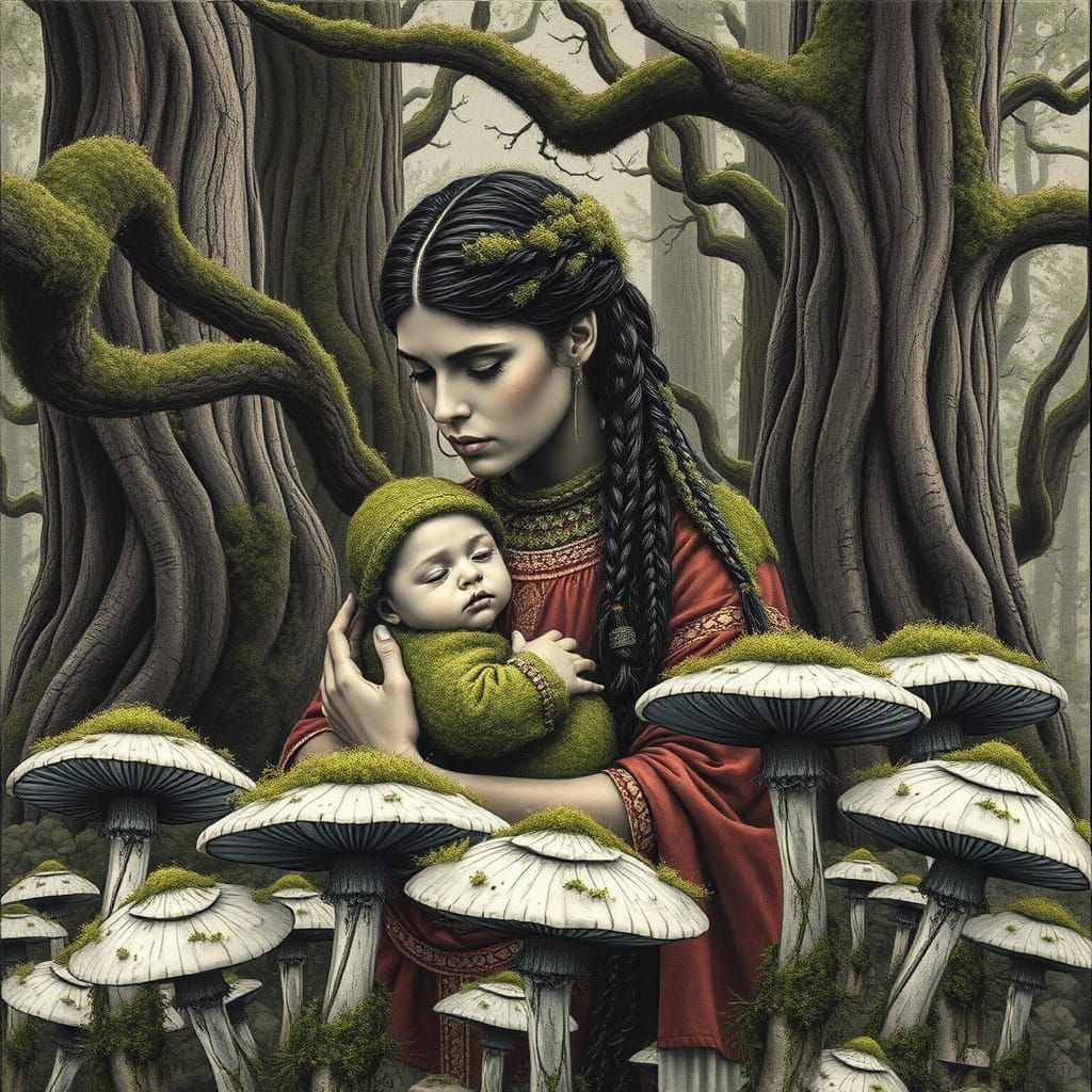 Durer-style illustration print of moss growing on a Mexican woman's ...