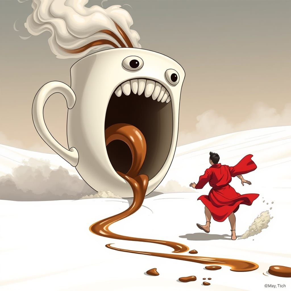 Man in Red Robes Chases Coffee Cup in Whimsical Su... - AI Art