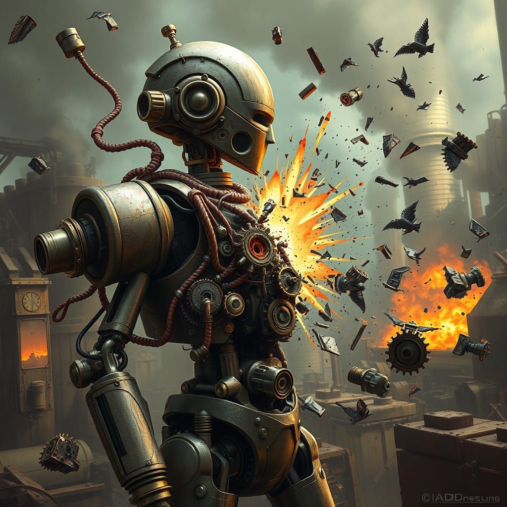 Futuristic Dystopian Mech Explodes in Industrial C... - AI Art