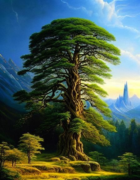 A toweringly tall ancient tree in beautiful, majestic Elven wilderlands ...