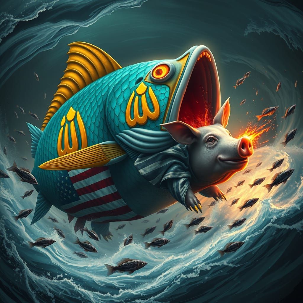 Cyberpunk Fish God Emerges from Turbulent Depths - AI Art