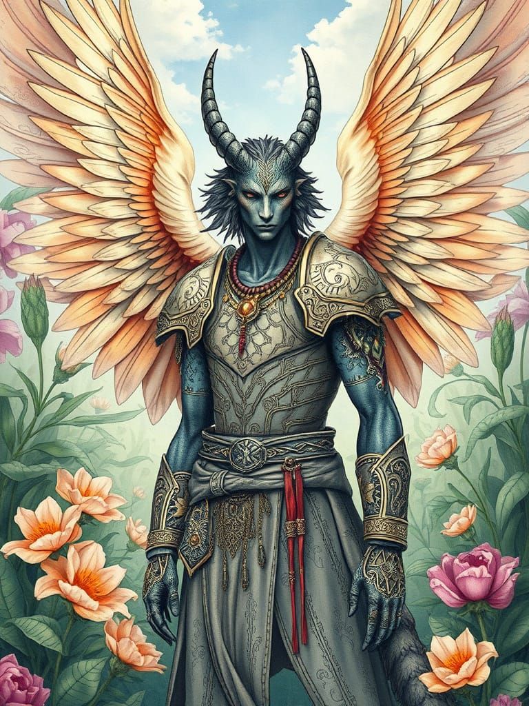 Winged Creature in Dreamy Garden, Watercolor Manga... - AI Art