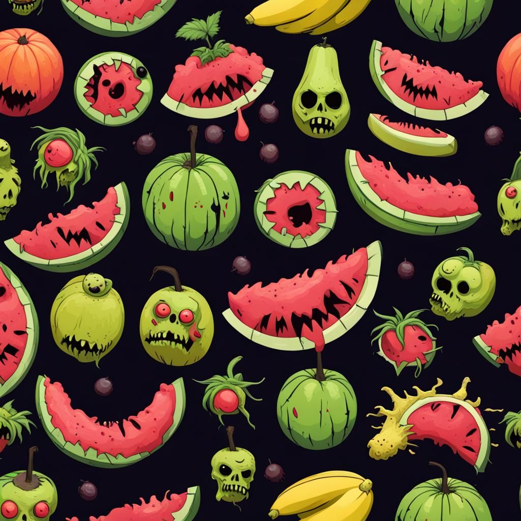Undead zombie fruits, zombie watermelon, a banana with a ghoulish twist ...