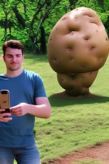 low resolution selfie of man next to giant potato, low quality jpeg ...