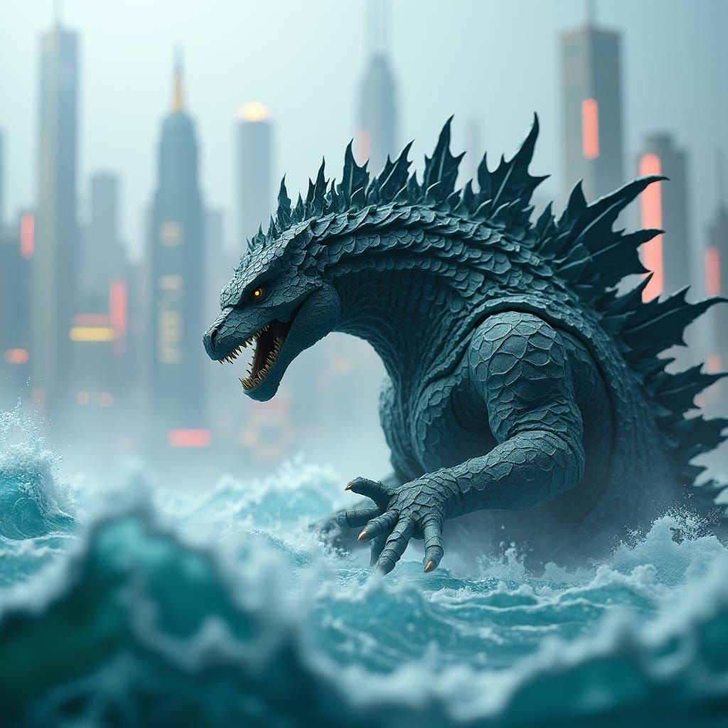Swimming Godzilla - Mech Godzilla Emerging from Turbulent Wa...