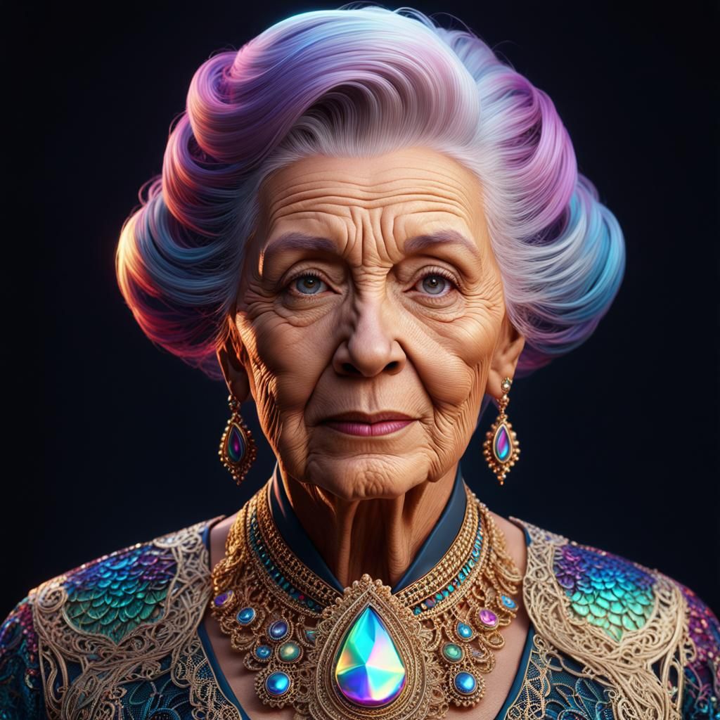 Futuristic Elderly Woman in Metallic Lace Jewelry - AI Generated Artwork - NightCafe Creator