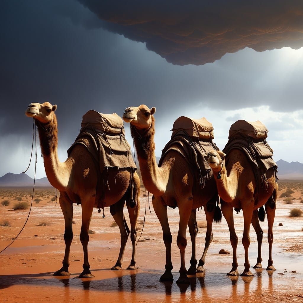 Camelids Amidst Desert Storm - AI Art