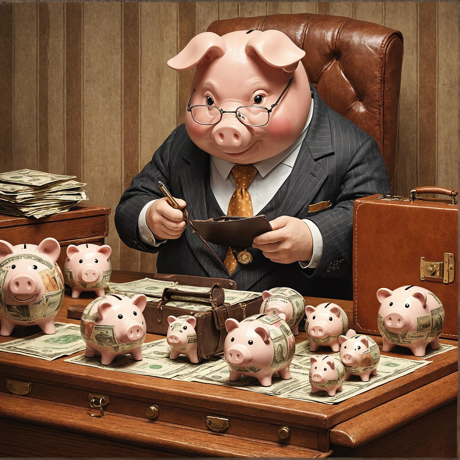 Piggy Bank - A pig dressed as a banker, managing other smaller piggy ...