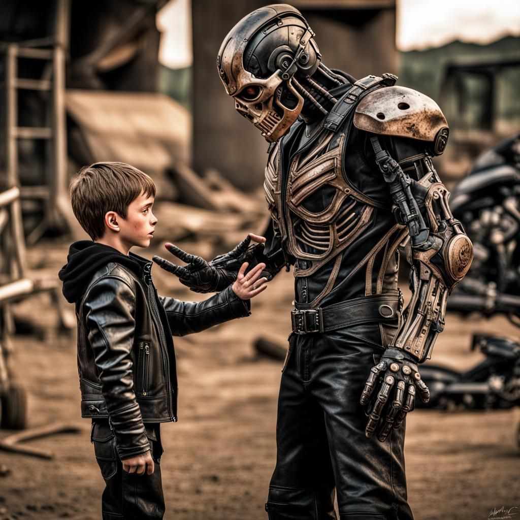Young John Connor teaching the archetypical skeletal Terminator mixed ...