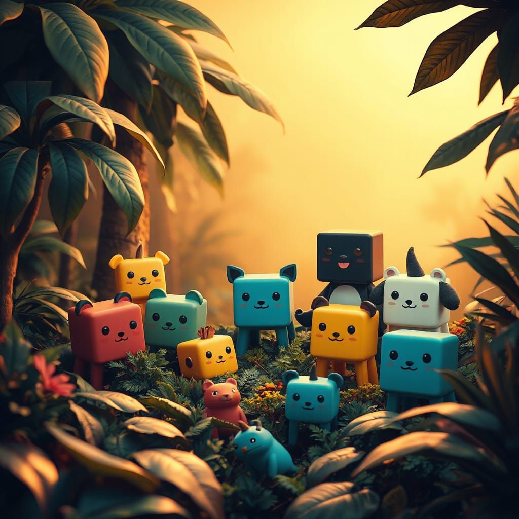 Vibrant Square Jungle Whimsy in Warm Light - AI Art