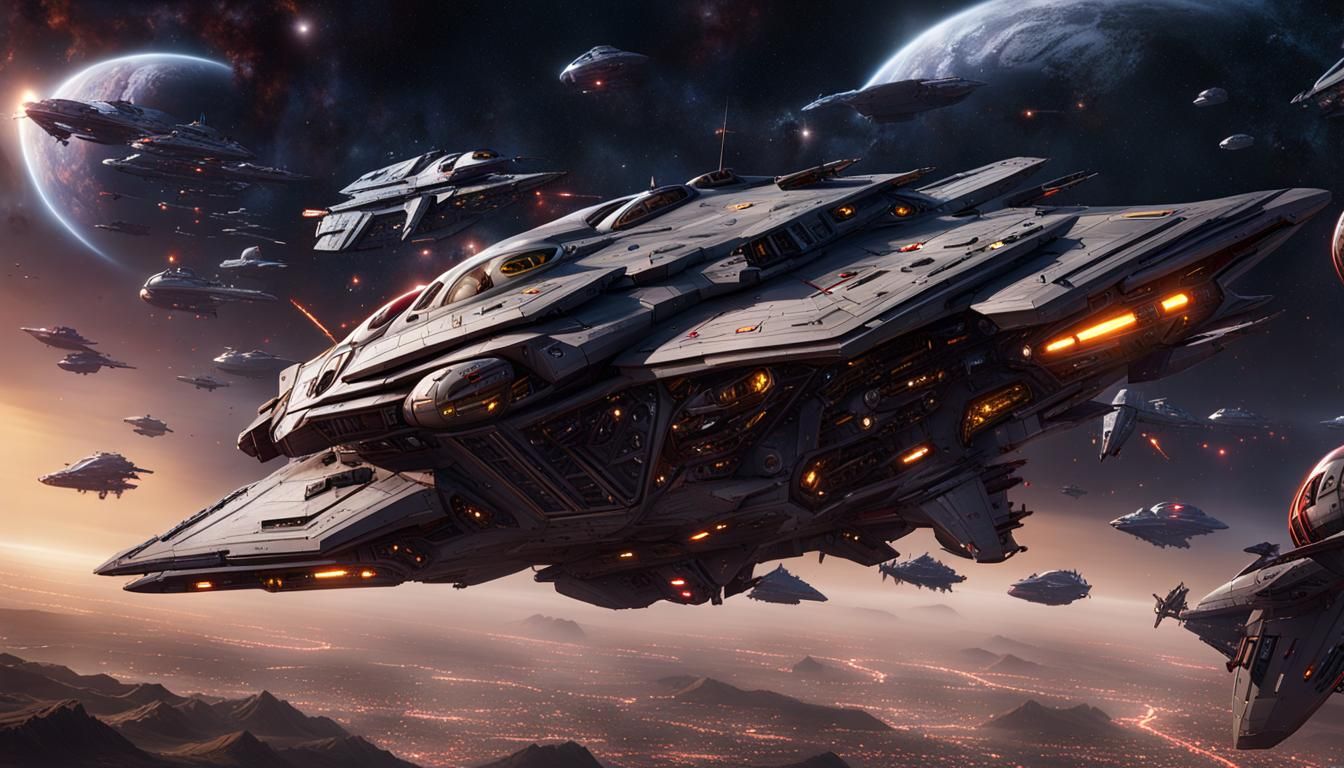 Battlestar Galactica in space surrounded by viper fighters and alien ...