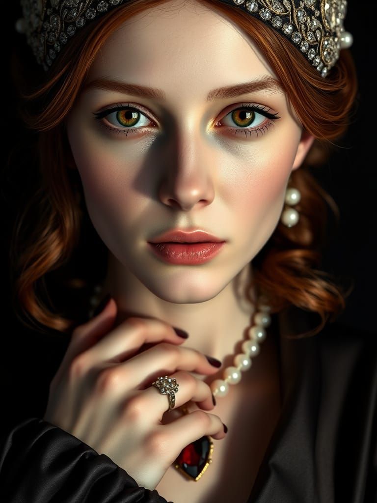 A delicate, heart-shaped face of a Tudor woman, with pale, luminous skin and large, expressive ...